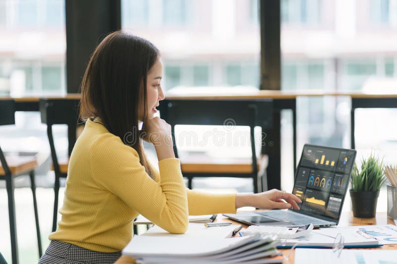 Advisor Financial Business Analytics Woman Analyzing Data Charts, Graphs, and a Dashboard on ...