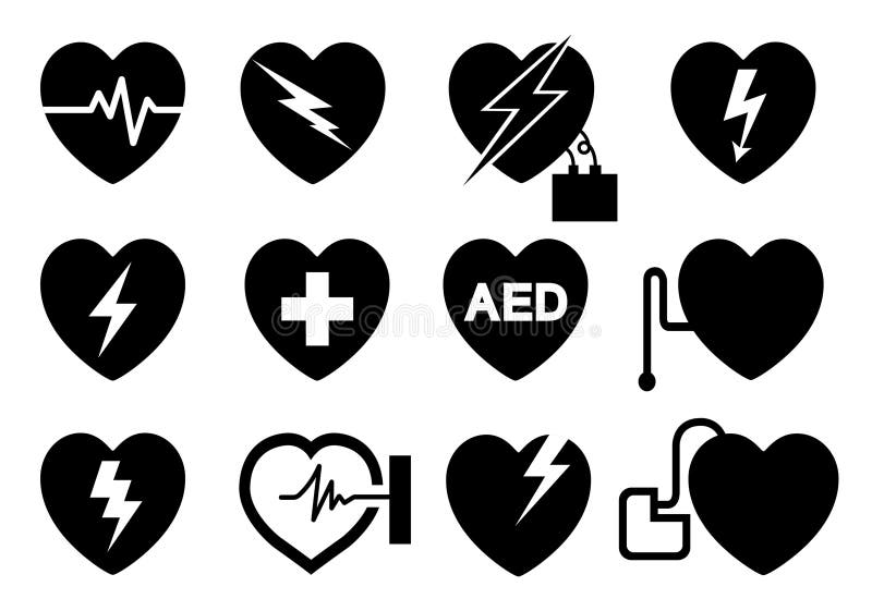 AED Automated External Defibrillator Black Icon Set Symbol Sign, Vector ...