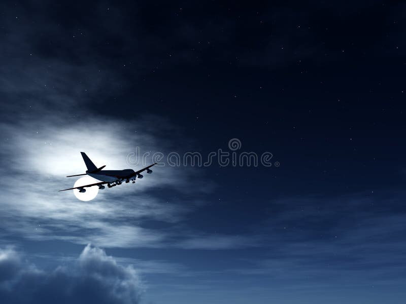 Aereo in volo di notte fotografia stock. Immagine di luna - 3849202