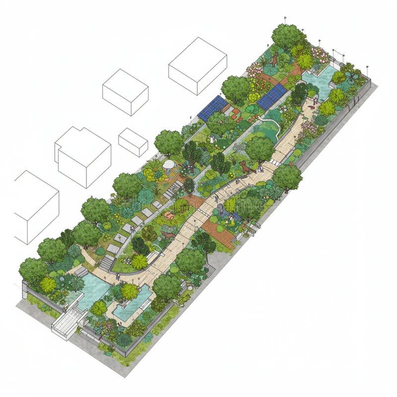 Aerial Architectural Rendering of a Linear Park with a Winding Path ...