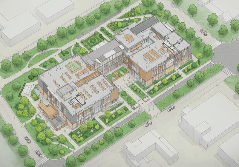 An Aerial Architectural Rendering of a Modern Building Complex ...