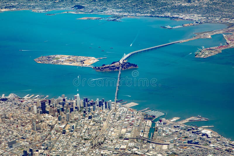 Aerial of Bay with Downtown San Francisco and Bay Bridge Stock Photo ...
