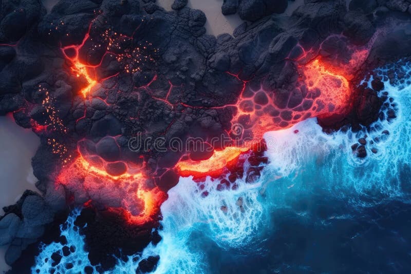Aerial Capture of a Beach Made of Glowing Lava Rocks. Generative AI ...