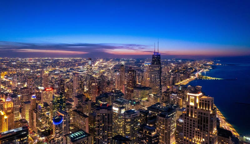 Aerial Chicago Skyline with Golden Lights at Sunset Editorial Stock ...