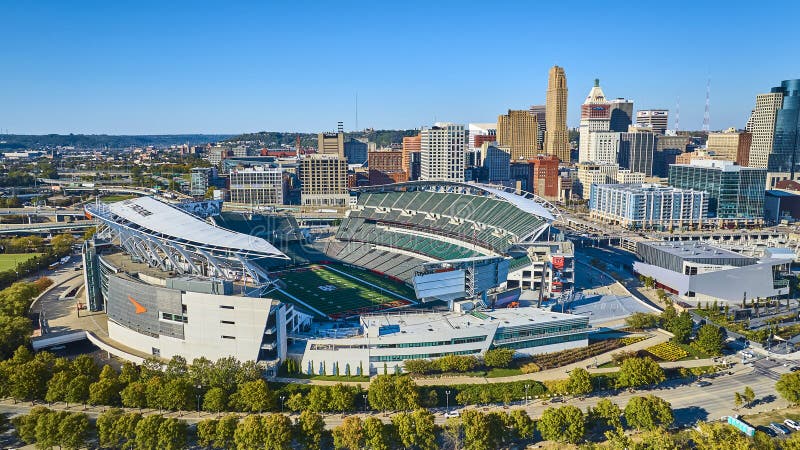 Aerial of Cincinnati Skyline and Stadium with Ohio River in Background ...