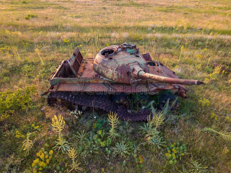 Aerial Close Up View about Abandoned Rusted Battle Tank Stock Photo ...