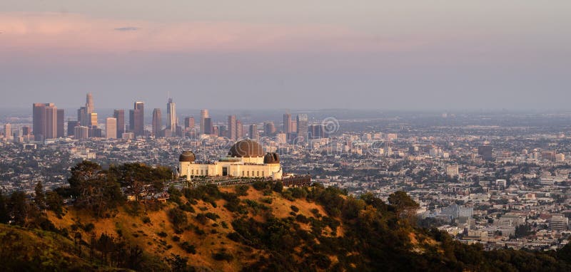 Aerial Closeup of the Griffith Observatory on Top of a Hill with the ...