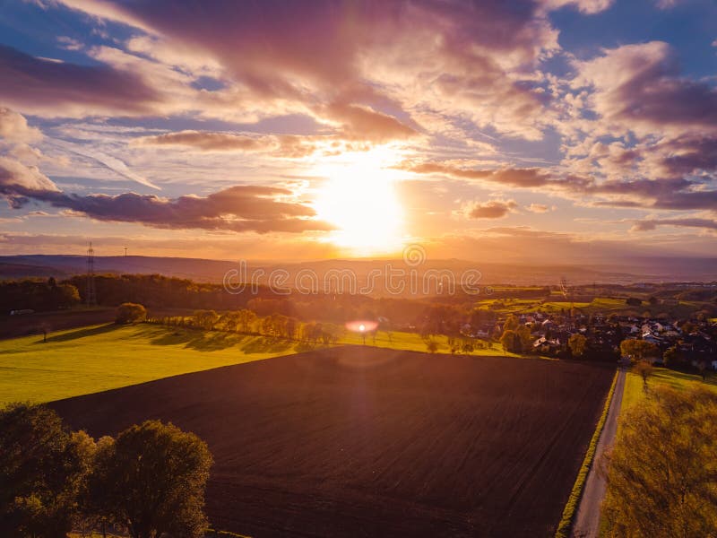Aerial Colorful Drone Shot Germany Sunset Clouds Stock Photo - Image of ...