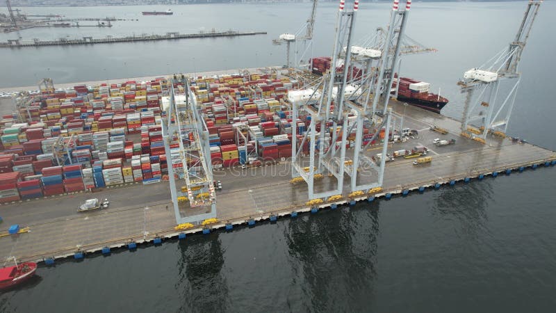 Aerial container port stock video. Video of cargo, storage - 274231595