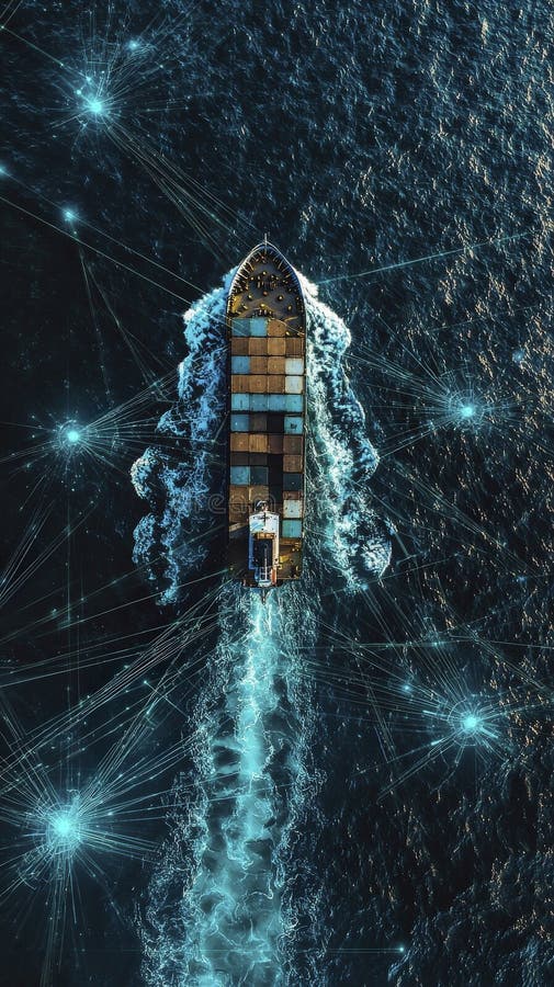 Aerial of Container Ship within Digital Sea Network Stock Illustration ...