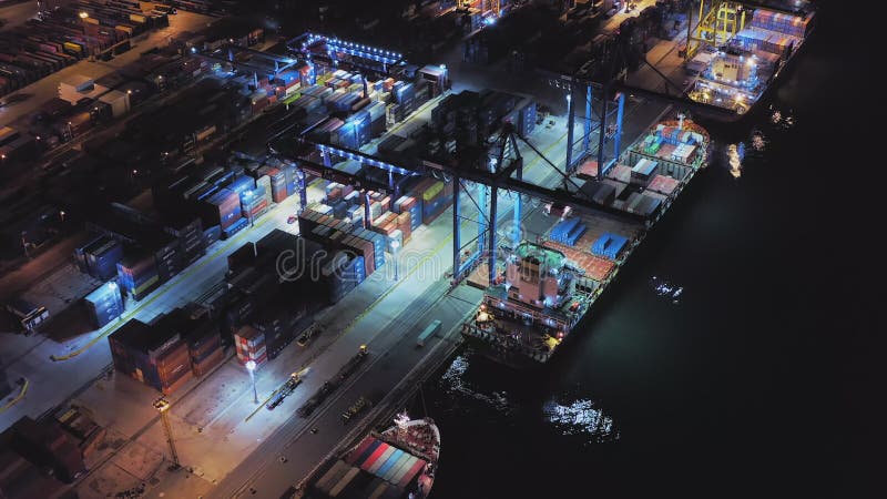 AERIAL Container Ships are in the Port at the Quay Wall at Night Stock ...