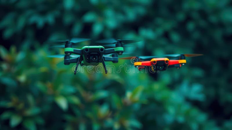 Aerial Dance: Two Drones Soaring through a Lush Green Canopy Stock ...