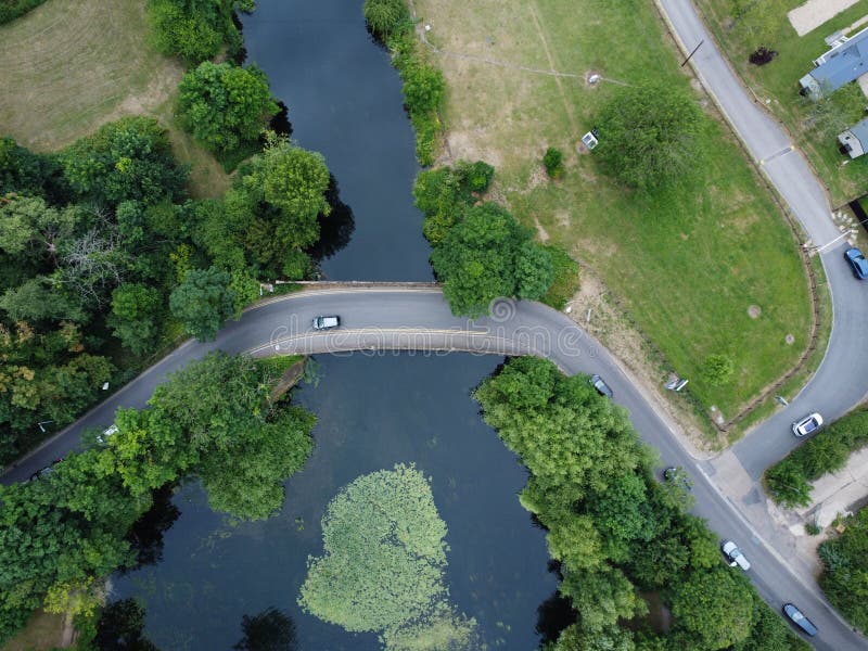 Aerial Down View of Bridge on a River in Hoddesdon with Clear Tranquil ...