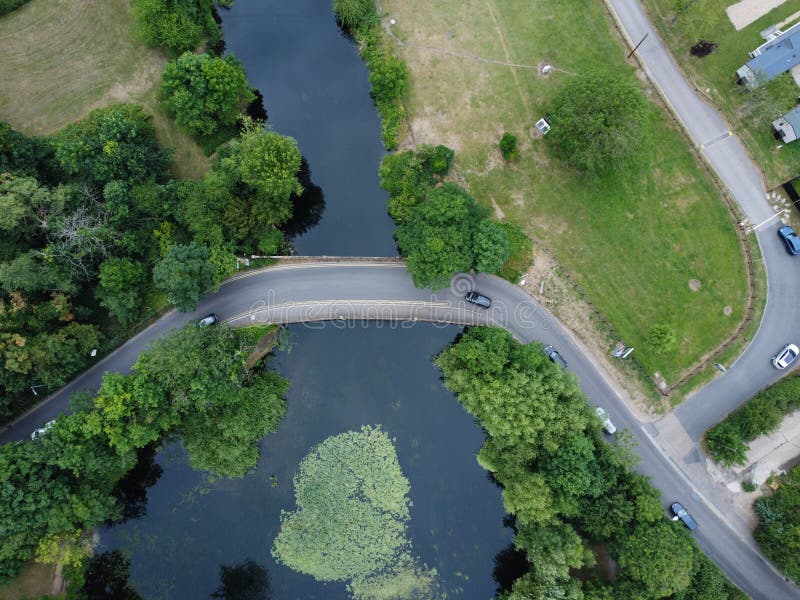 Aerial Down View of Bridge on a River in Hoddesdon, UK with Clear ...
