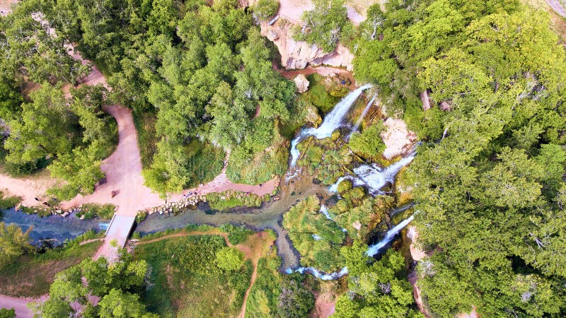 Aerial Down View of Park with Three Waterfalls into One River Stock ...