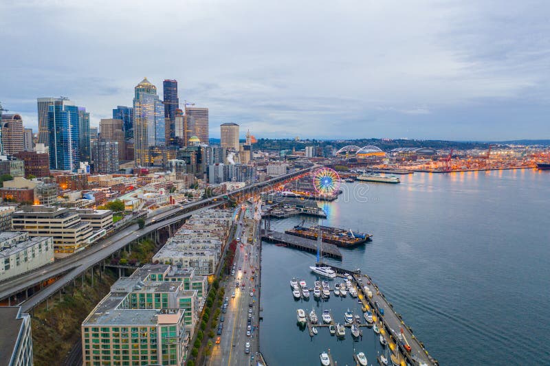 Aerial Downtown Seattle Harbor Stock Image - Image of states ...