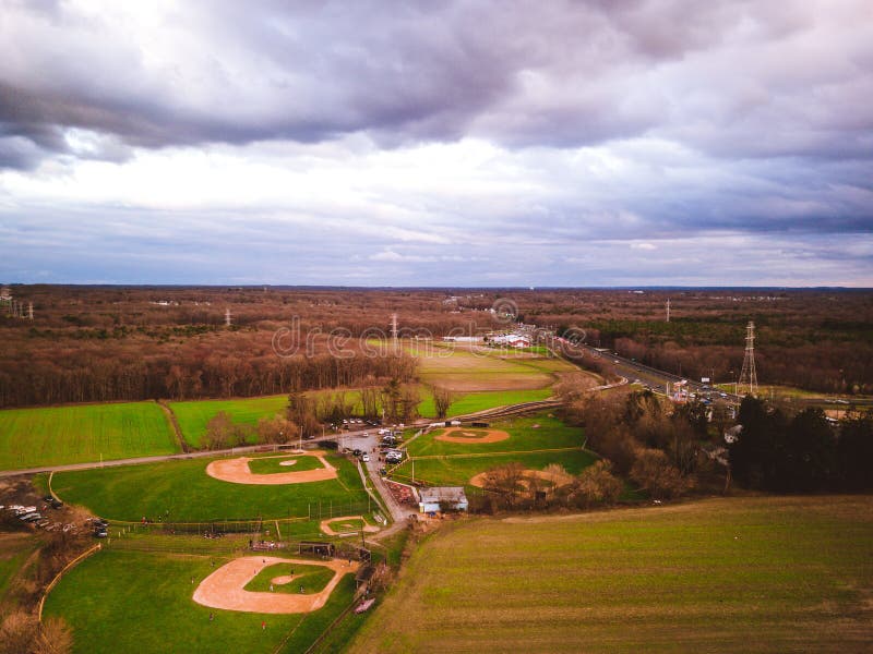 Aerial of Dramatic Sky Over Baseball Fields Stock Photo - Image of ...