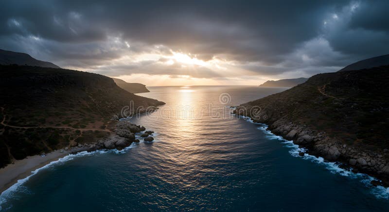 Aerial Dramatic Sunset Cove Beach Ocean Landscape Sun Rays Clouds Stock ...