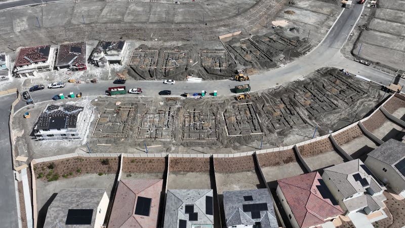 Drone Flight Perspective Over New Housing Construction Site. Stock ... Drone Flight Perspective Over New Housing Construction Site. Stock ...