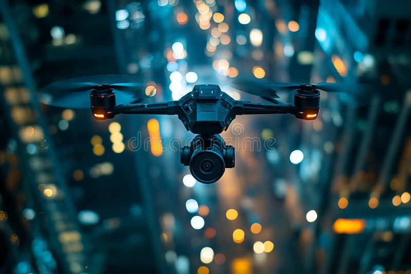 Aerial Drone Hovering Over City at Night with Blurred Lights Stock ...