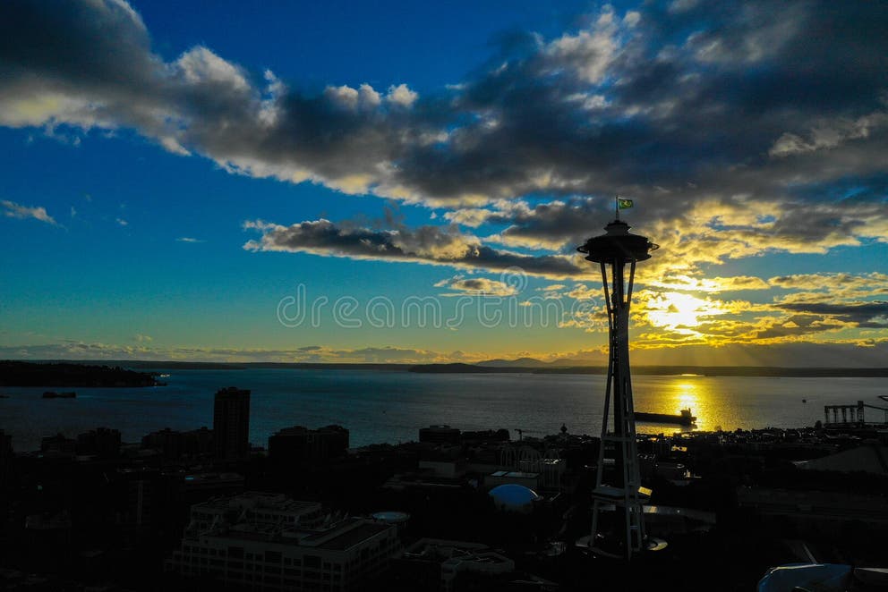 Aerial Drone Image of the Seattle Space Needle at Sunset Editorial ...