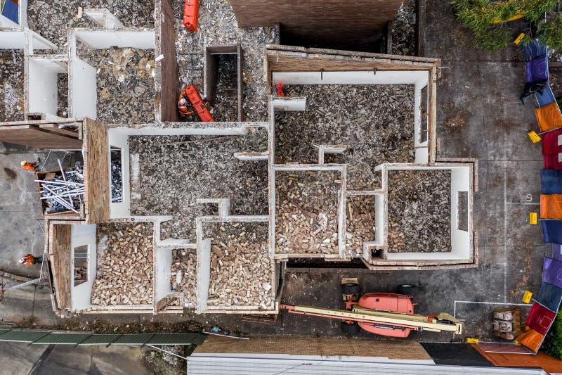 Aerial Drone Photo of Demolition Site and Construction Workers Stock ... Aerial Drone Photo of Demolition Site and Construction Workers Stock ...