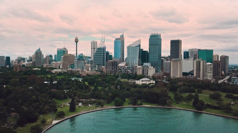 Aerial Drone Pullback Reverse View of Sydney City and Sydney Harbour ...