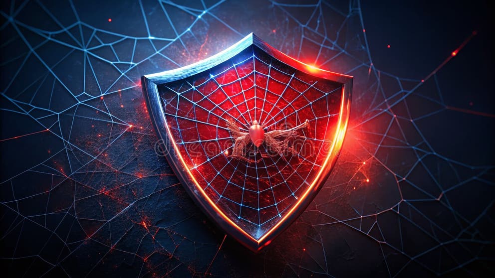 Aerial Drone Shot of a Glowing Red Shield with Intricate Spiderweb ...