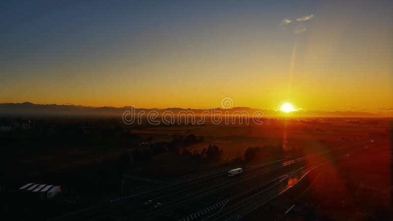 Aerial Drone - Spring Landscape at Dawn on an Italian Highway Stock ...