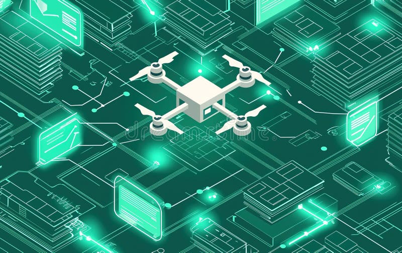 Aerial Drone Surrounded by Digital Data Structures in an Abstract ...