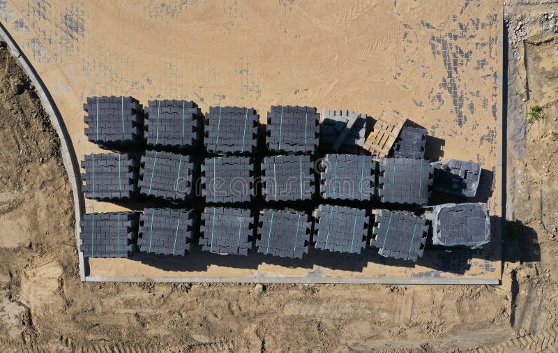 Aerial Drone Top Down View on Sanded New Brick Pavement with Bricks ...