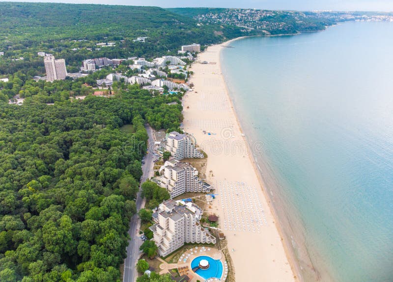 Aerial Drone View of Albena Empty Sandy Beach Resort, Bulgaria Stock ...