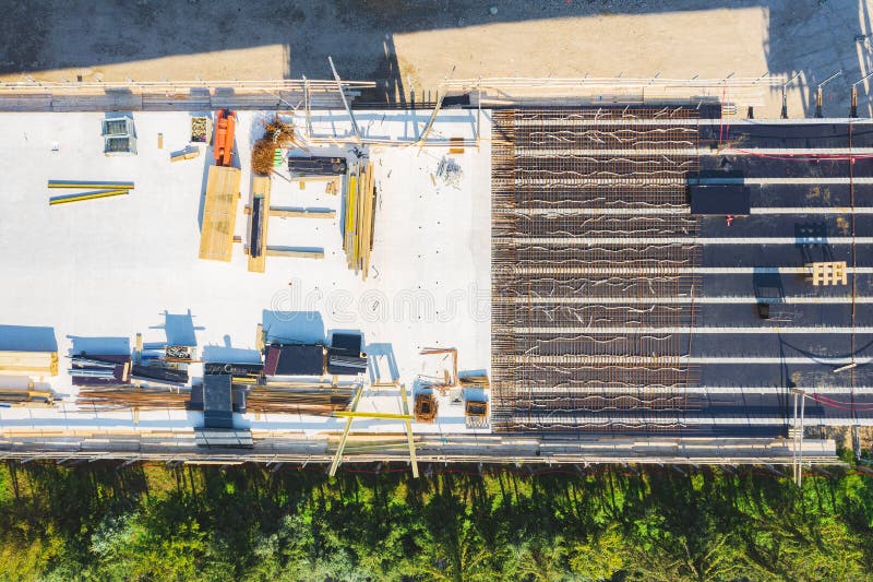 Aerial Drone View on the Bridge during Construction. Concrete Layer ...
