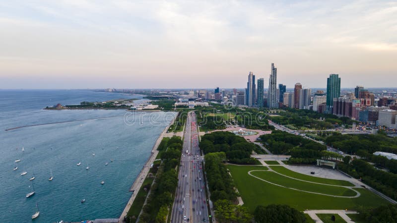 Aerial Drone View Of Chicago Downtown During Sunset Stock Image Image