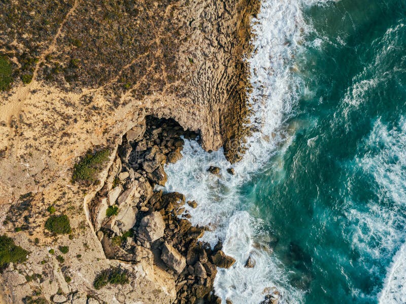 Aerial Drone View of Dramatic Ocean Waves on Rocky Landscape Stock ...
