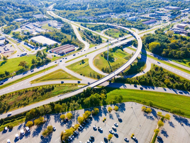 Aerial Drone View of Elevated Road and Traffic Junctions. Large Parking ...