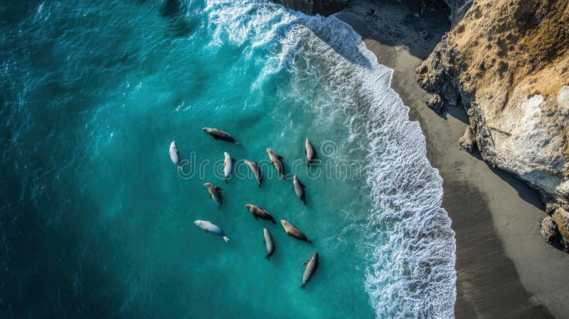 Aerial Drone View of a Group of Seals in the Ocean Stock Illustration ...