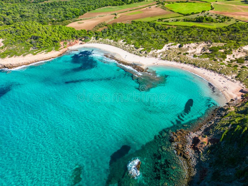 Aerial Drone View of Menorca Beach at Cala De Algariens, Spain Stock ...