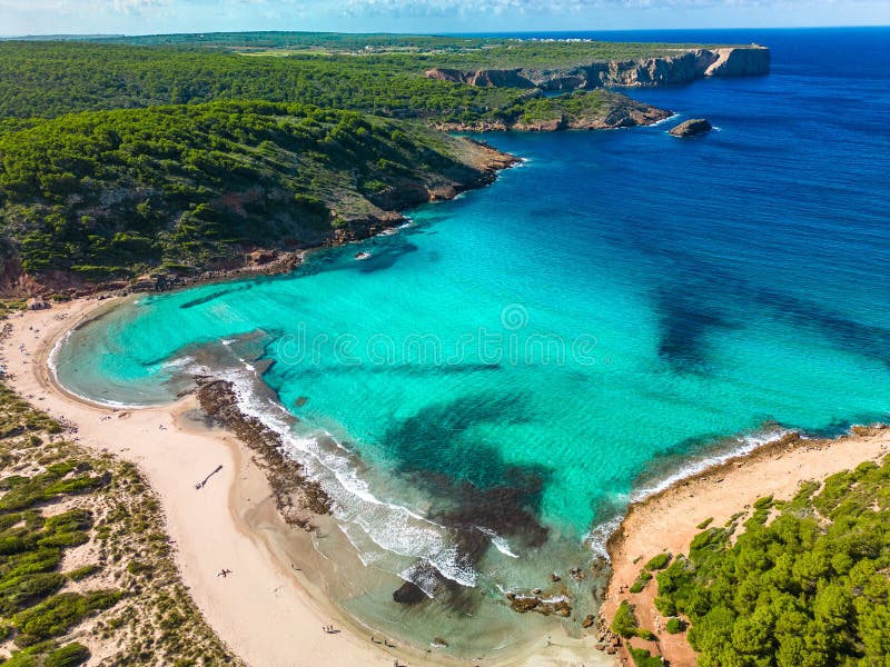 Aerial Drone View of Menorca Beach at Cala De Algariens, Spain Stock ...