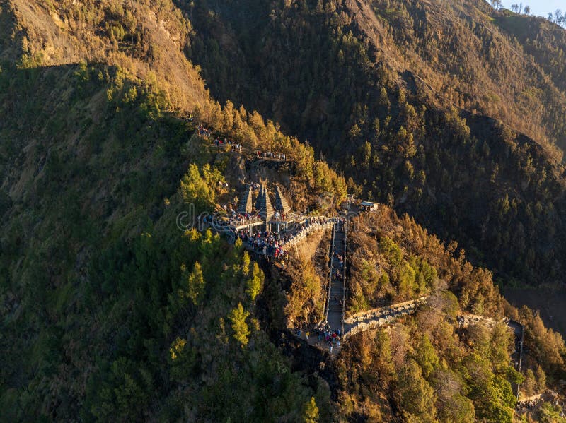 Aerial Drone View of Seruni View Point with Crowd at Bromo Volcano ...