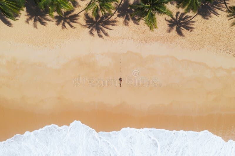 Aerial Drone View Of Tropical Beach Paradise With Palm Trees And Woman Model In Black Bikini