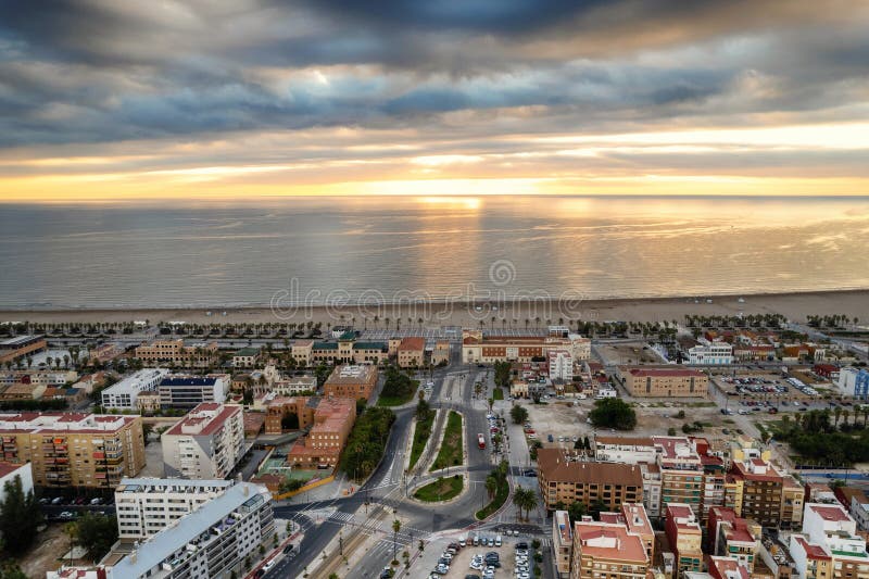 Aerial Drone View of Valencia, Spain Beaches at Sunrise Stock Image ...