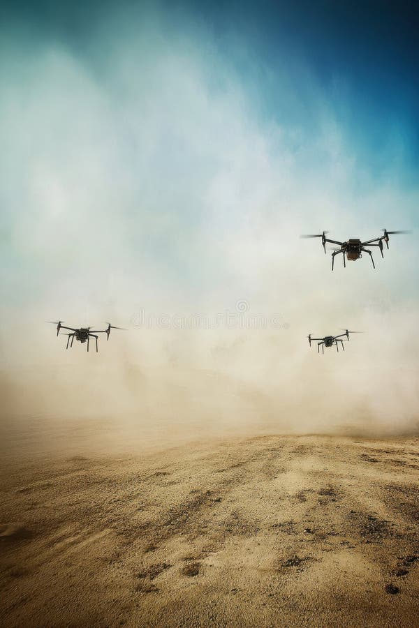 Aerial Drones Hovering Above Dusty Landscape in Technology. Stock Photo ...