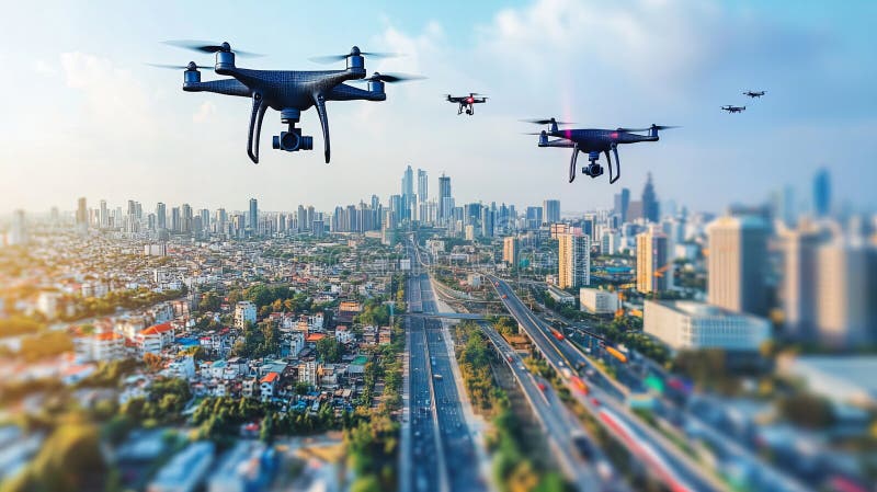Aerial Drones Hovering Over Modern Cityscape at Sunrise Stock ...