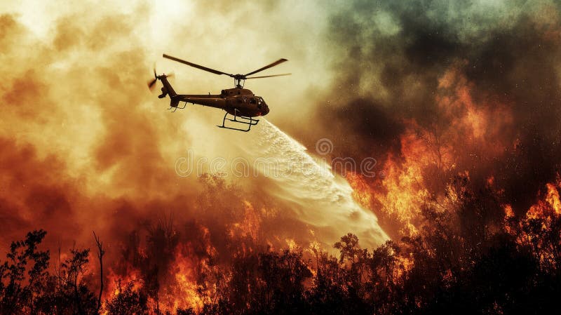 Aerial Firefighting by Helicopter. Water Drop on Wildfire Stock ...
