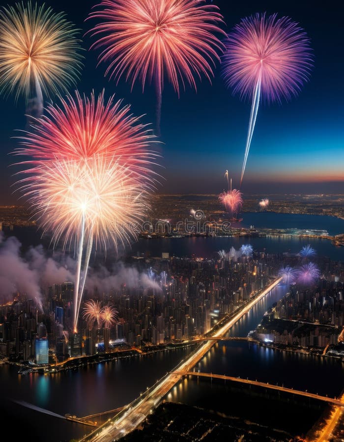 Aerial Fireworks Display Over City Skyline Stock Photo - Image of ...
