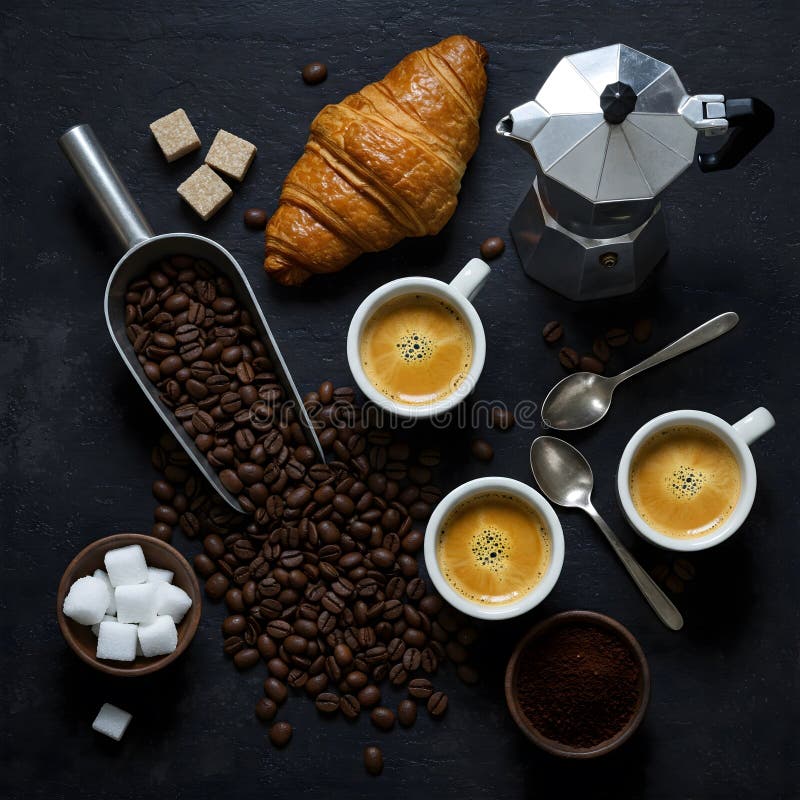 An Aerial Flat Lay Captures an Array of Coffee and Breakfast Items ...