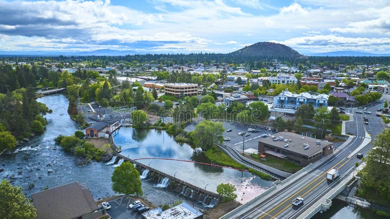 Aerial Fly Over Riverfront Community in Bend Oregon Stock Photo - Image ...