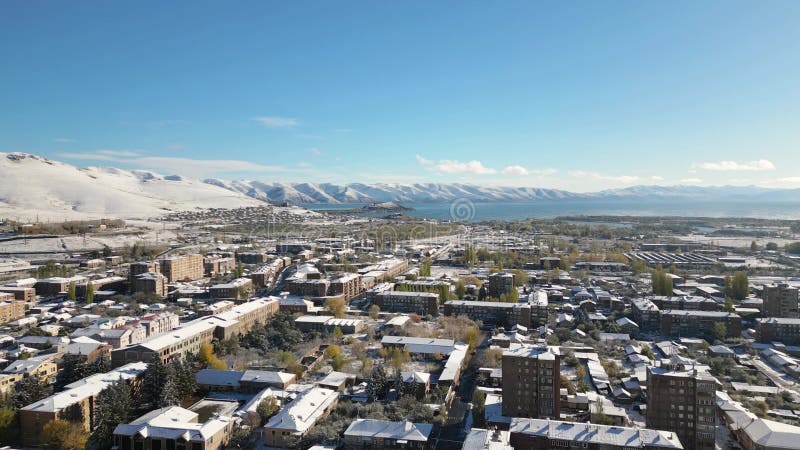 Aerial Fly Over View Sevan Town and Lake Sevan. Famous Sevan Lake ...