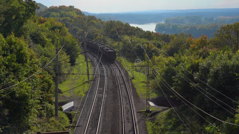 Aerial Freight Train on a Long Railroad, Top View. Stock Video - Video ...